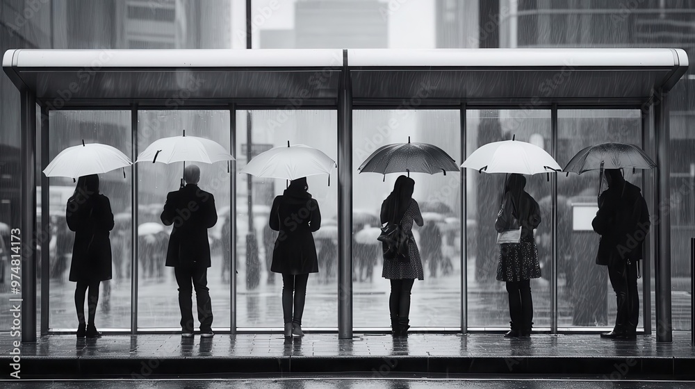 A crowded city bus stop with people standing in the rain, umbrellas ...