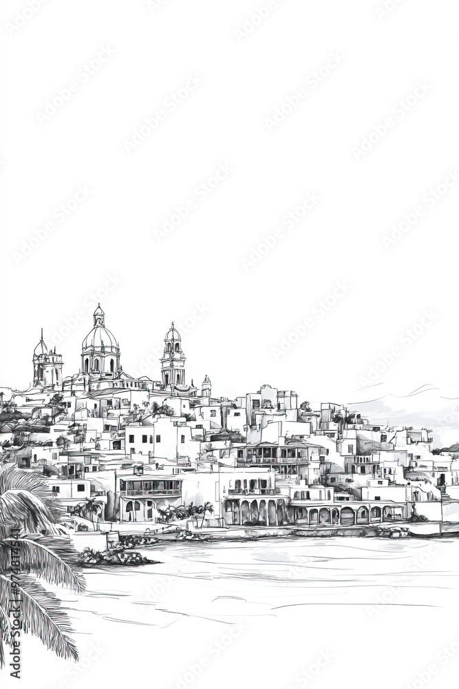 Ponce, Puerto Rico, black and white pen pencil hand-drawn effect ...