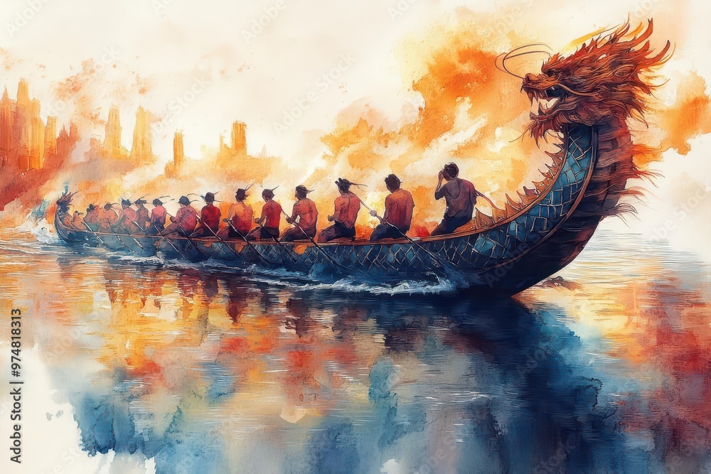 vibrant illustration of traditional dragon boats racing on rippling ...