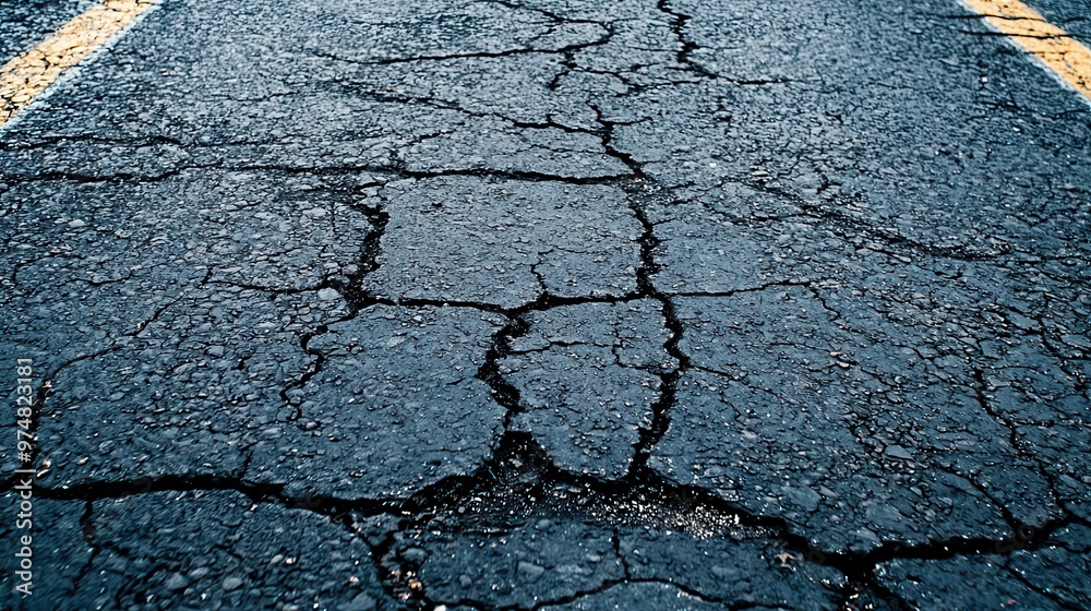 A worn-out asphalt road with faded lane markings and potholes ...
