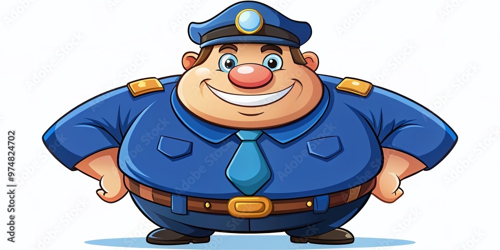 A smiling, brightly colored cartoon police officer with a big belly and ...