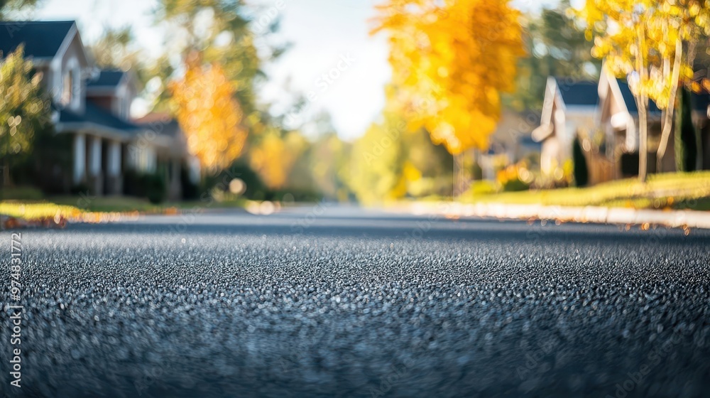 A freshly paved asphalt road through a suburban neighborhood, with ...