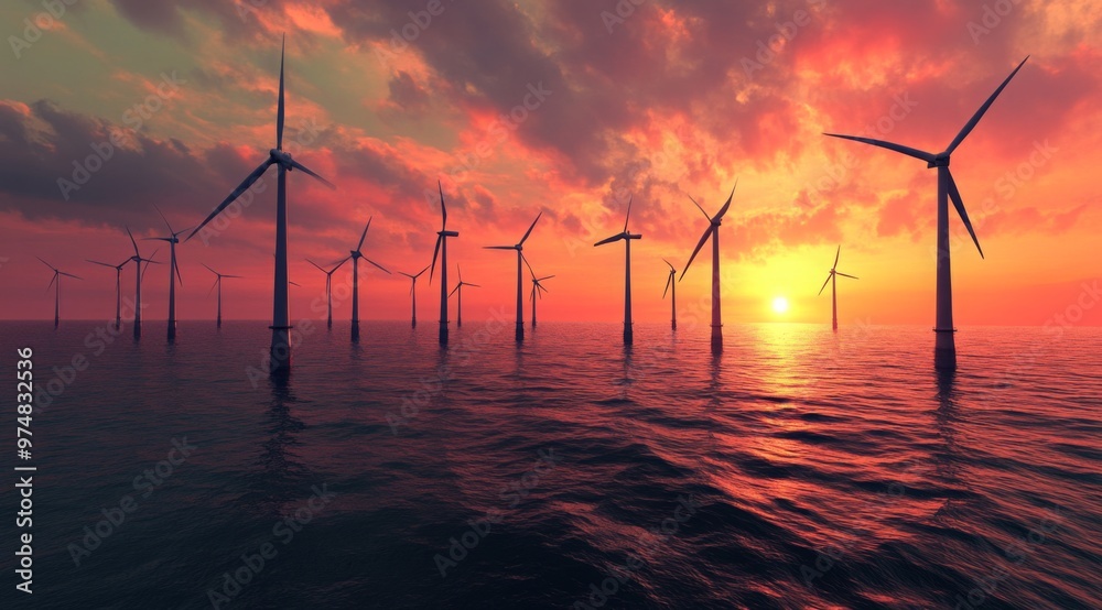 Rendering of wind turbines in the ocean with sunset light. Green energy ...