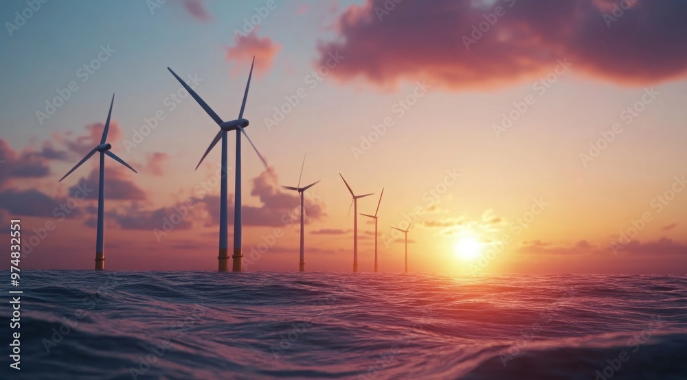 Rendering of wind turbines in the ocean with sunset light. Green energy ...