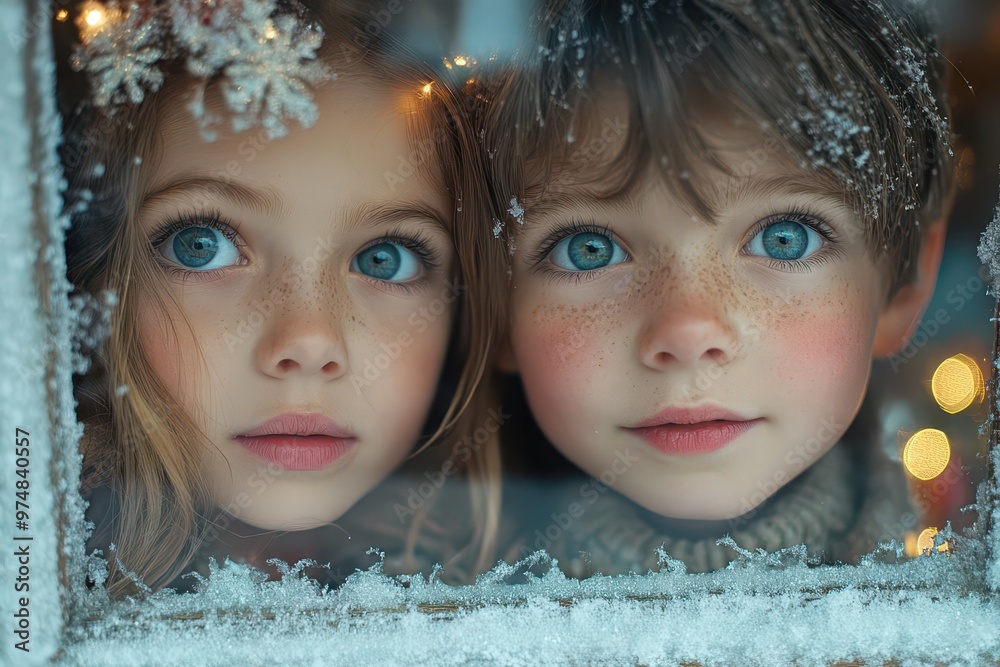 wideeyed children peering through a frosted storefront window ...