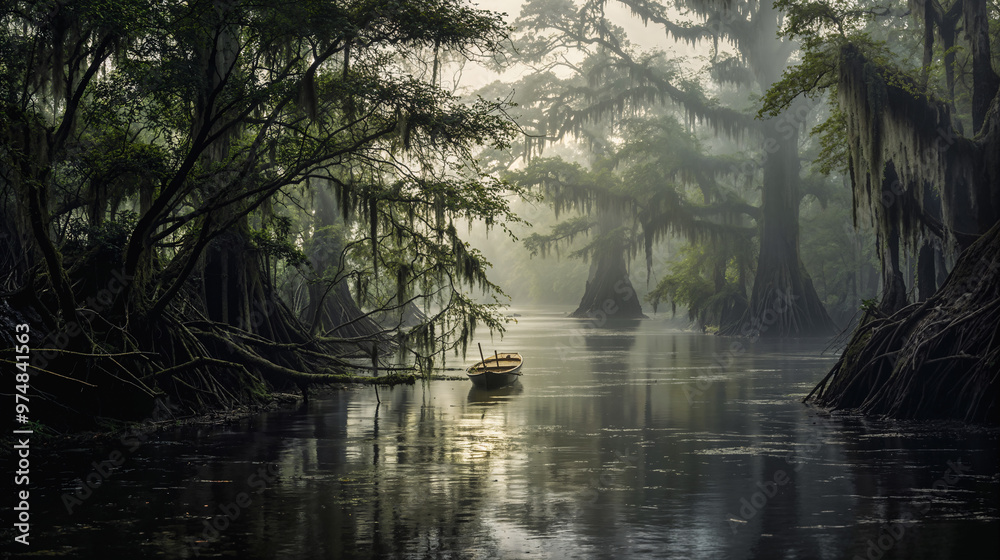 Bayou, an atmospheric wetlands, swamps, a river, cypress trees and low ...