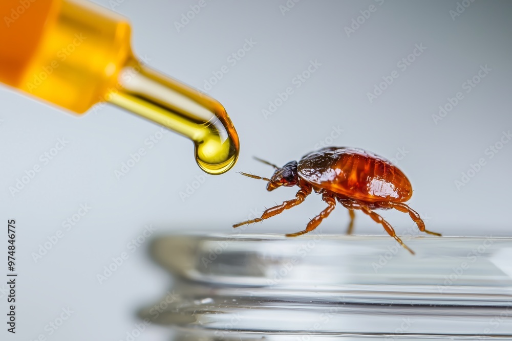 Tick with pipette of tick medicine above it, a drop of medicine being ...