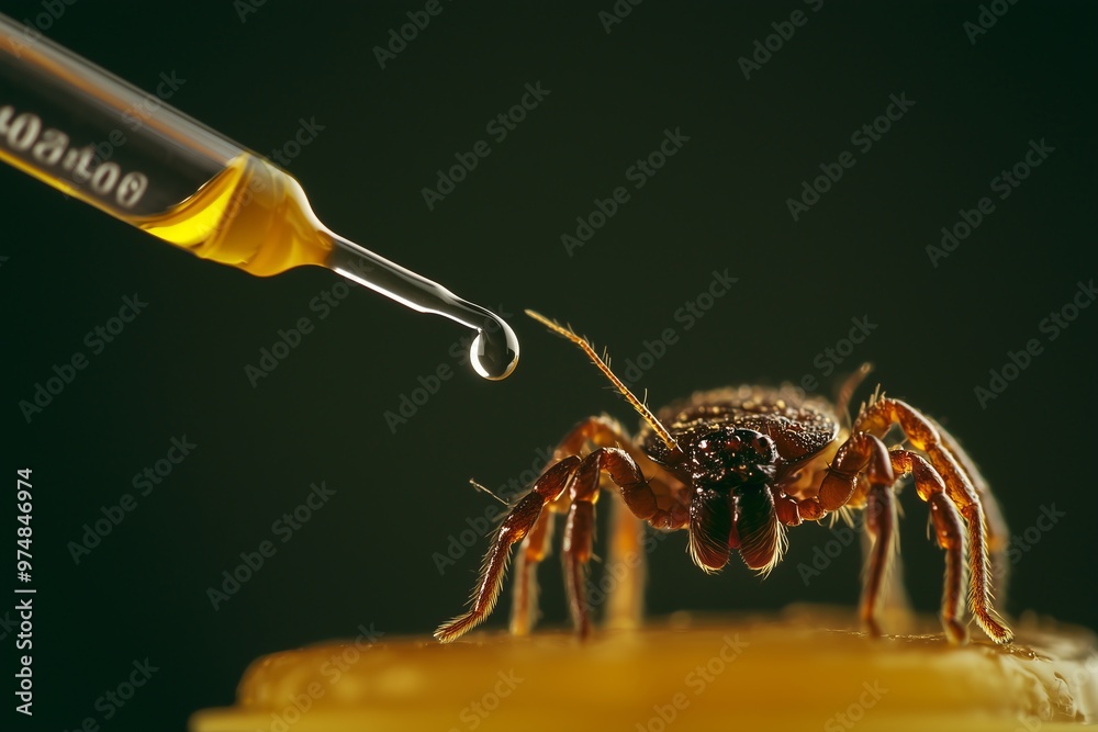 Tick with pipette of tick medicine above it, a drop of medicine being ...