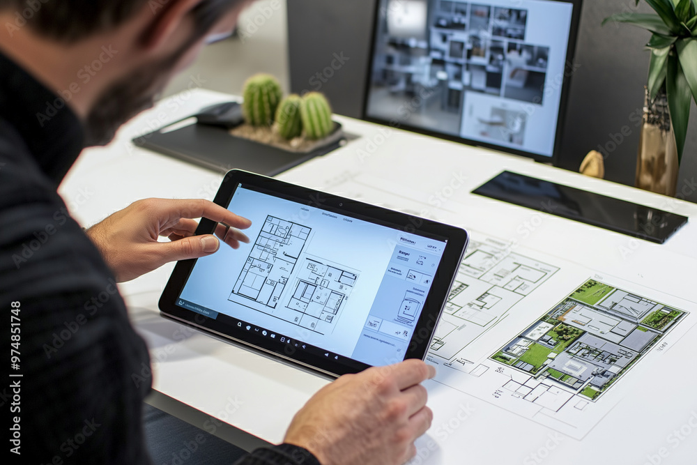 Clients observe as an interior architect navigates interactive floor ...