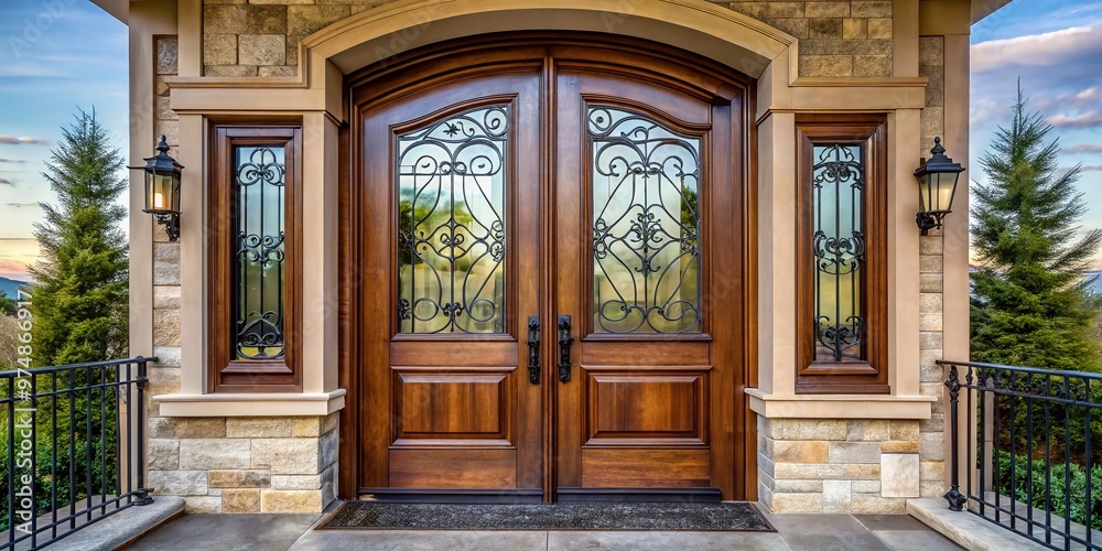 Elegant wood-grain double front door with ornate metalwork, glass ...