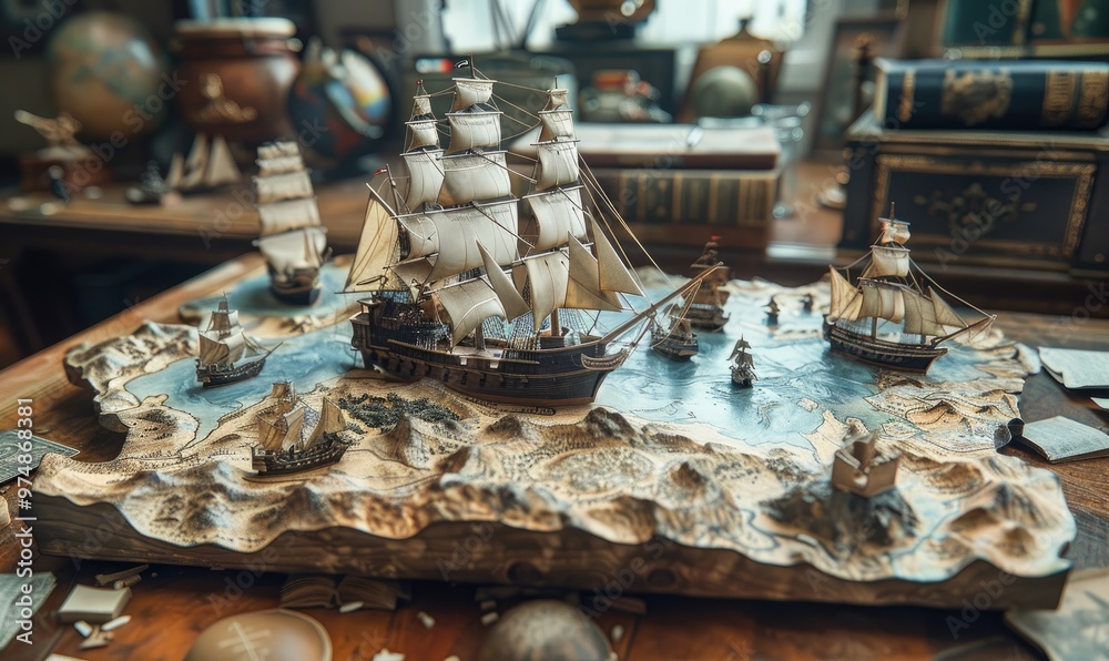 Intricate model ships displayed on a detailed nautical diorama ...