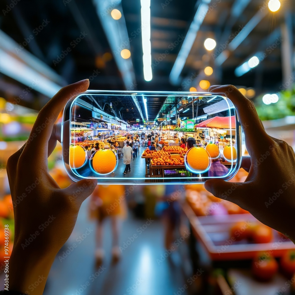 Augmented reality consumer engagement, digital holograms, bustling ...