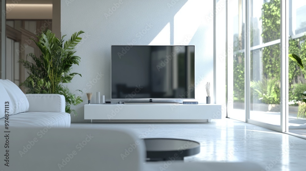 Wide screen television on a stand in a contemporary living room ...