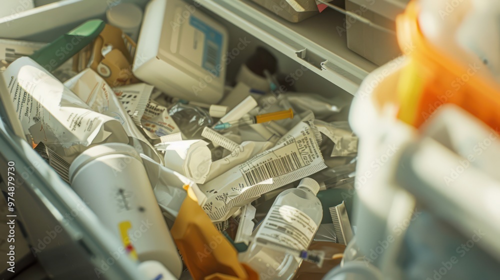 A close-up of a medical waste bin being opened, revealing its contents ...
