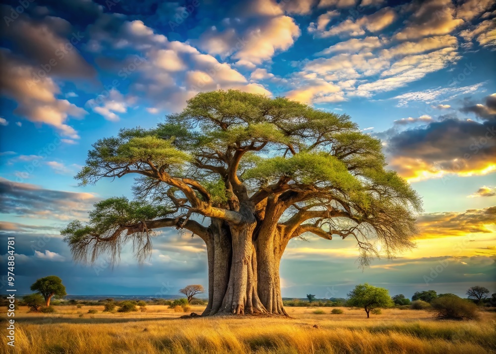 Majestic baobab tree stands tall in the heart of the African savannah ...
