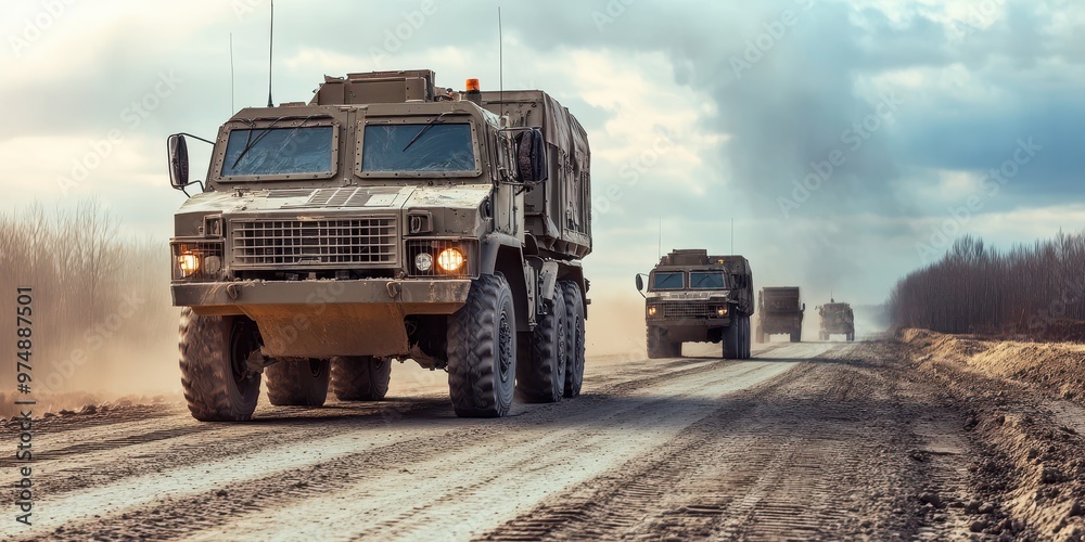 Military vehicles driving on a dusty road, showcasing power and ...