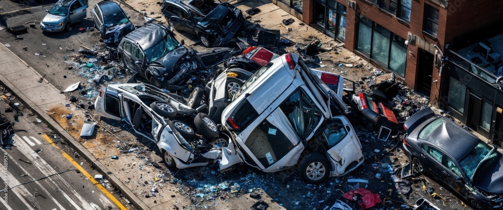 Massive vehicle collision in urban area with multiple damaged cars ...