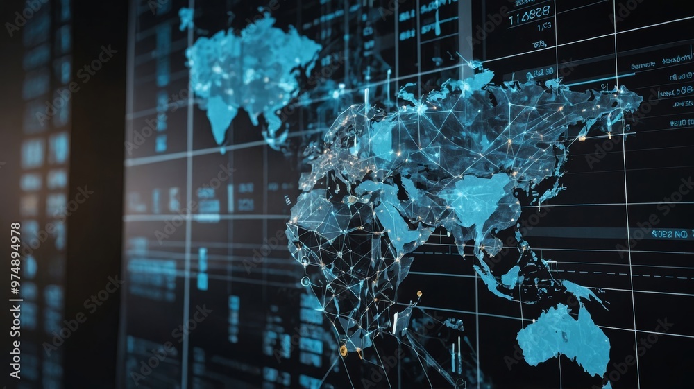 Digital Global Map with Data Visualization on Blue Network Interface ...