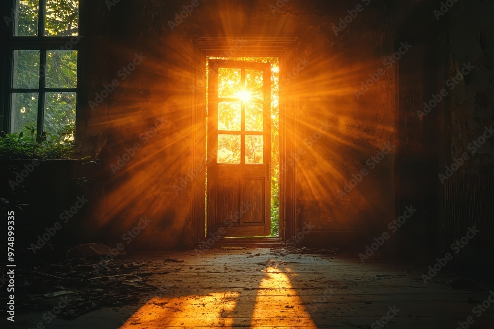 Bright rays of light shine through a slightly open door, symbolizing a ...