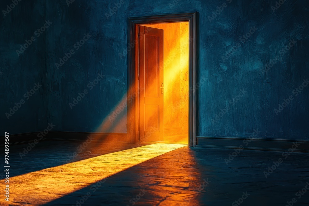 Bright rays of light shine through a slightly open door, symbolizing a ...