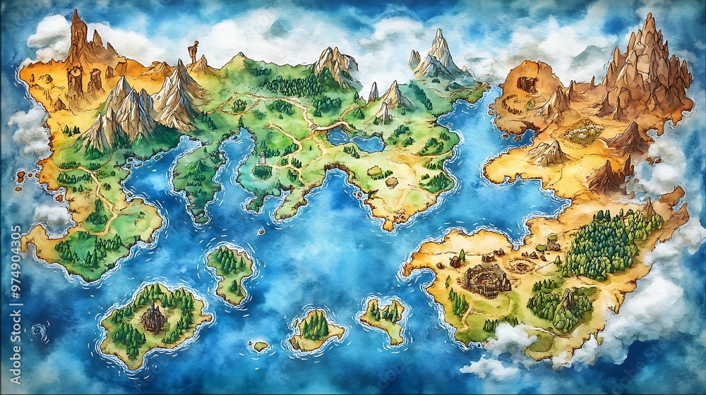 Fantasy world map with mountains, forests, and islands. A whimsical and ...