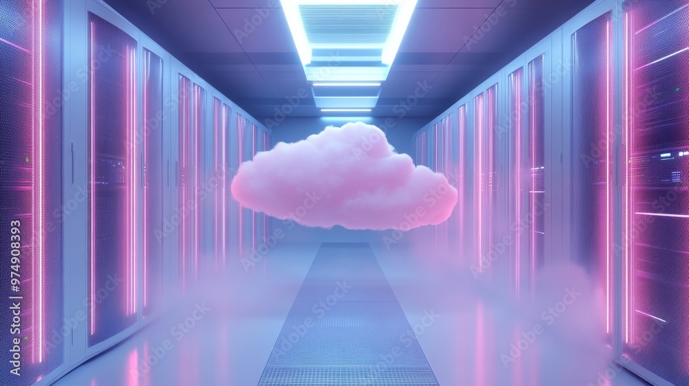 A whimsical representation of cloud storage, showcasing a fluffy pink ...