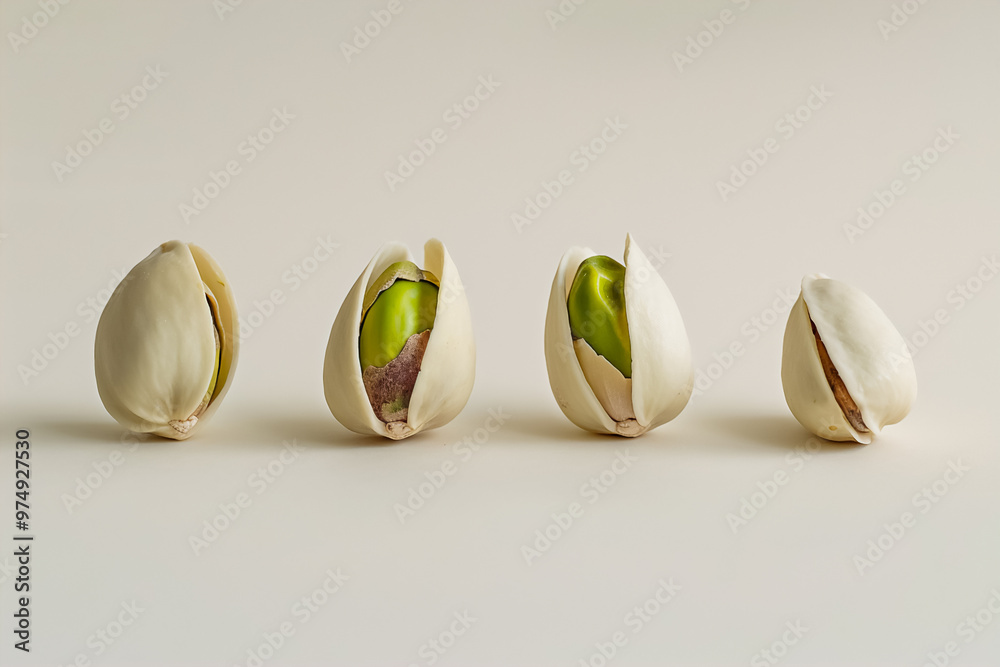 A pile of pistachios with partially opened shells revealing the green ...