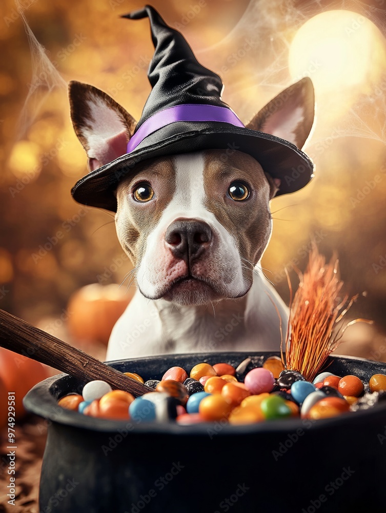 Bewitched Pup's Sweet Spell: A charming dog in a witch's hat stirs a ...