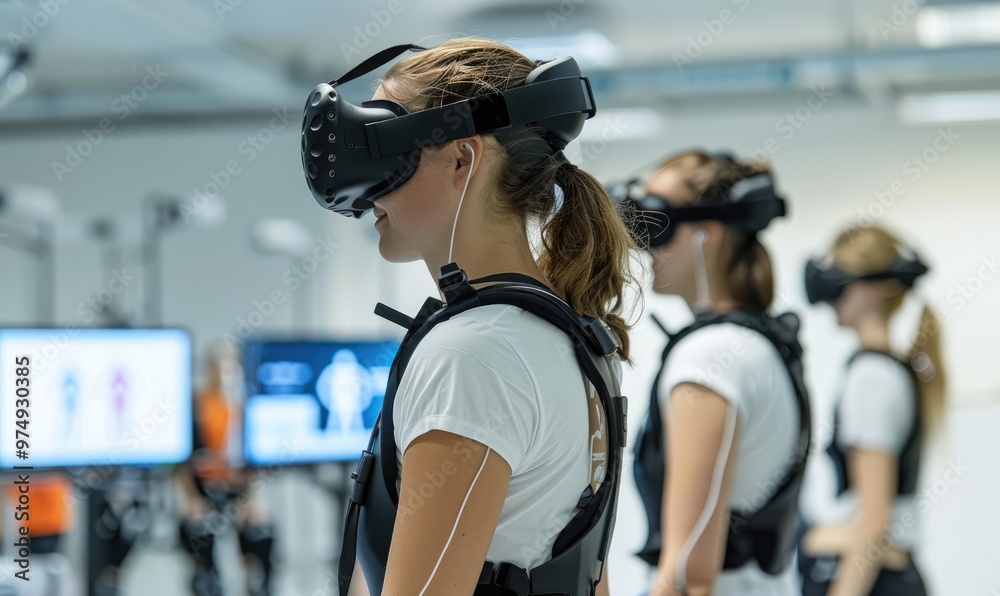 People wearing VR headsets and motion capture suits in a modern virtual ...