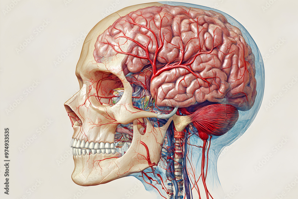 Layered cutaway of a human skull, showing brain anatomy, blood vessels ...