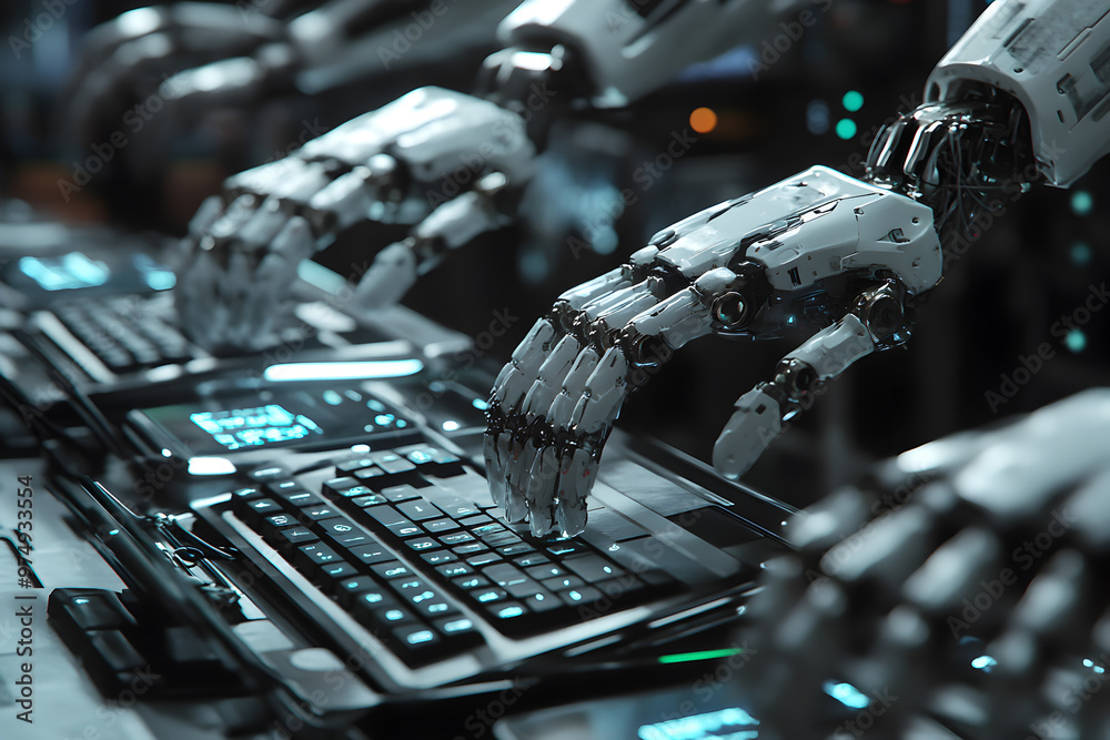 The image depicts multiple robotic arms working in unison on keyboards ...