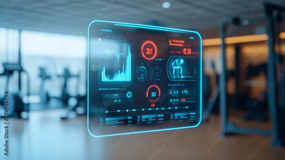 Holographic AI assistant displaying workout stats in a smart gym ...