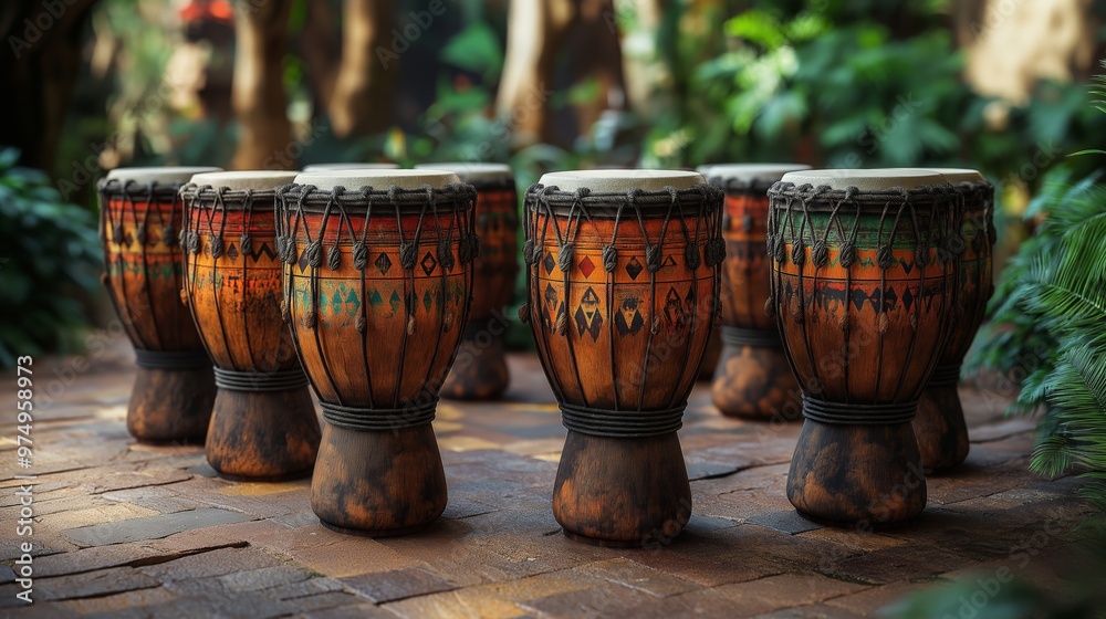 African Djembe Drums in Natural Setting, Traditional Wooden Hand Drums ...