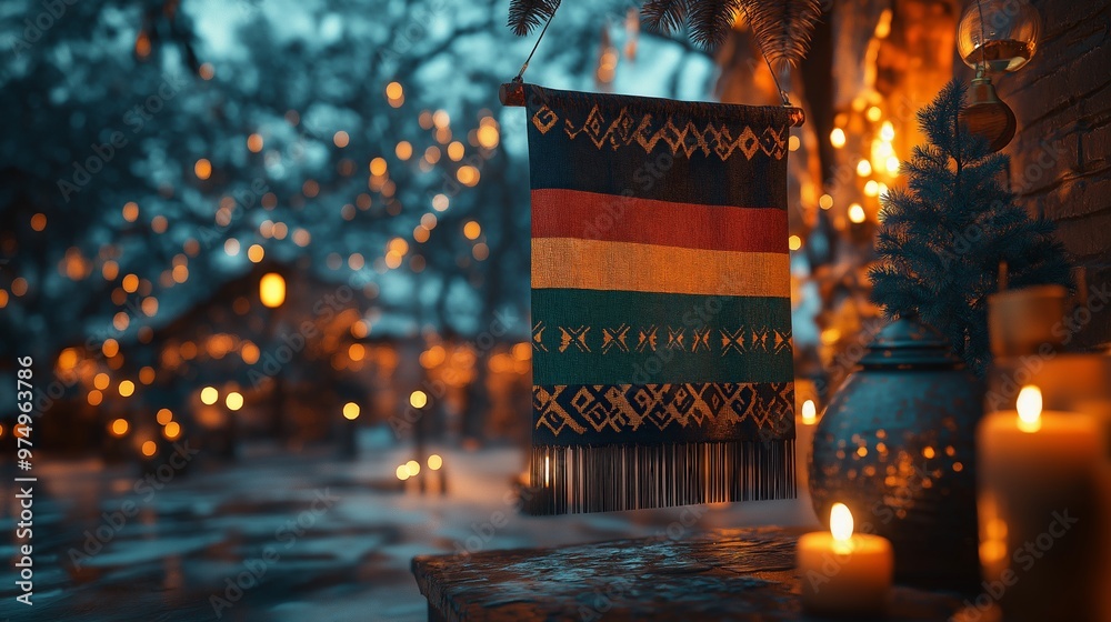 Vibrant Kwanzaa Flag Displayed at a Celebration with Traditional Kinara ...