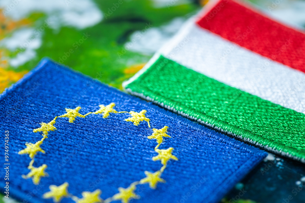 Hungary and european union patches overlapping on europe map, concept ...