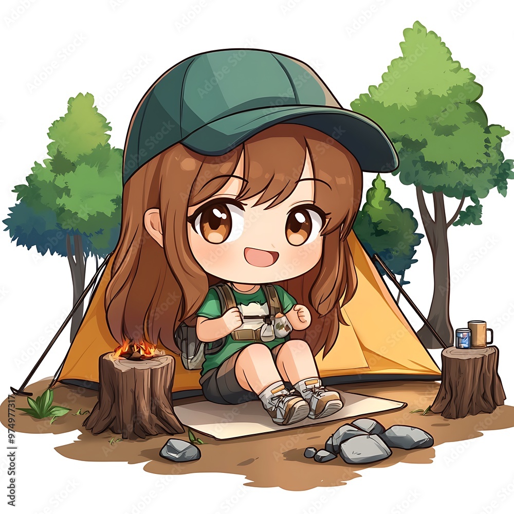 Cute chibi girl camping in the forest with a tent and a campfire ...