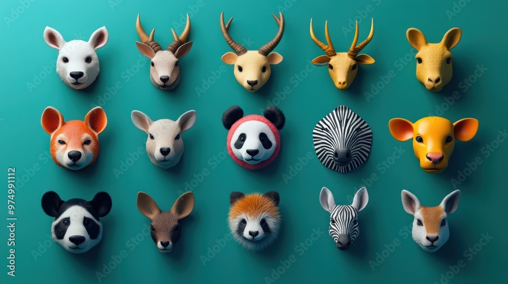 Realistic colorful animal faces, including panda face, rabbit head, dog ...