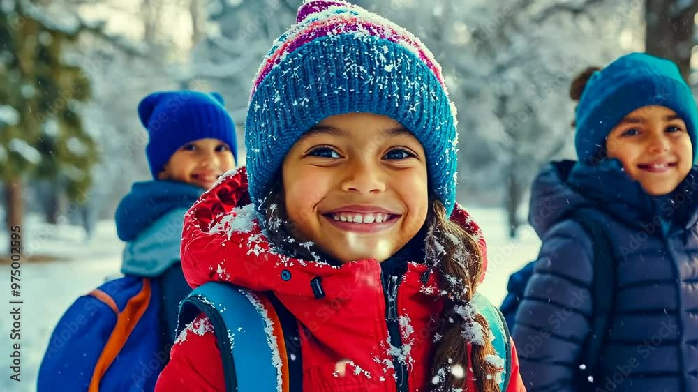 During a snowy day, children of various ethnicities and young ages play ...