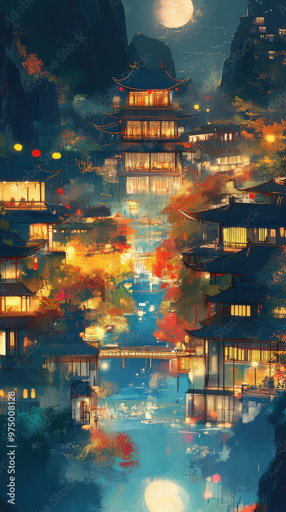 a vacation ancient onsen town in japan at night, the town is along the ...