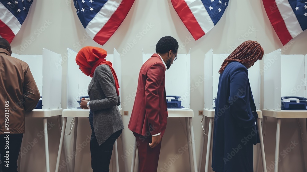 Multiracial group of voters casting ballots at voting booths with ...