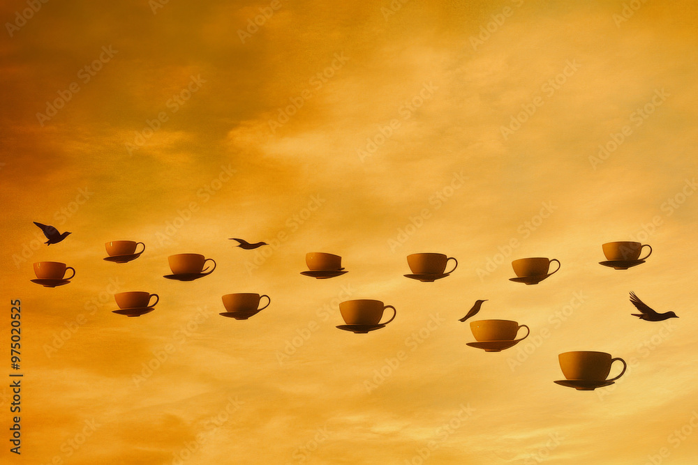 A group of coffee cups flying in formation like a flock of birds ...