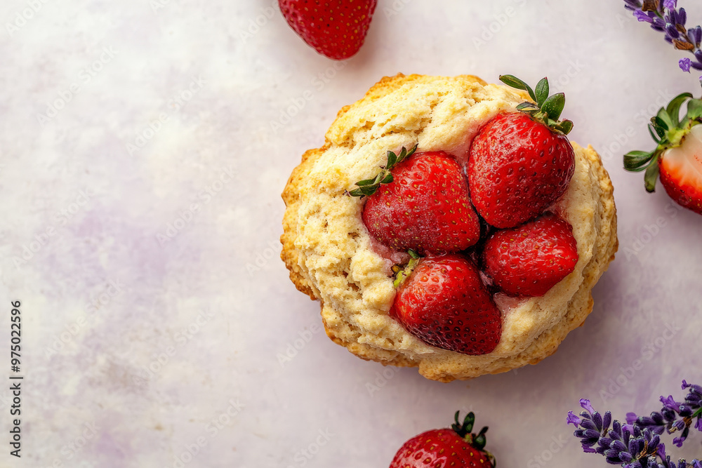 A top view of a strawberry scone, with a golden, crumbly texture and ...