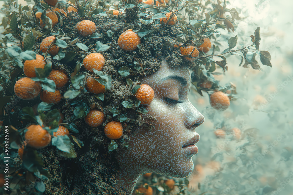 A person with a tree growing out of their head, but the tree is bearing ...