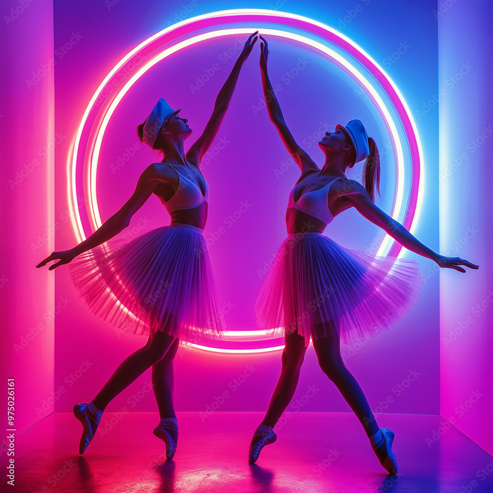 Two pretty girls dancing ballet ogirlsa gradient background with neon ...