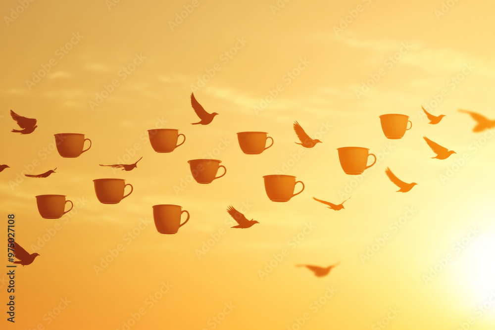 A group of coffee cups flying in formation like a flock of birds ...