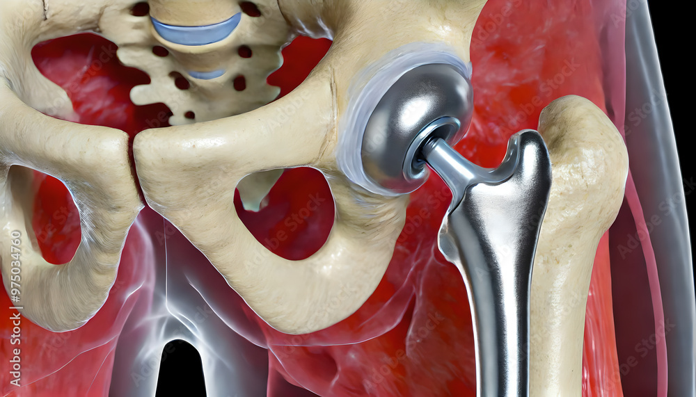 3D Bone: Hip replacement surgery, surgeon replacing damaged hip joint ...