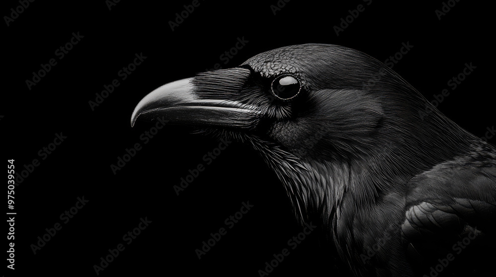 A black and white photo of a crow's head. The image is in black and ...
