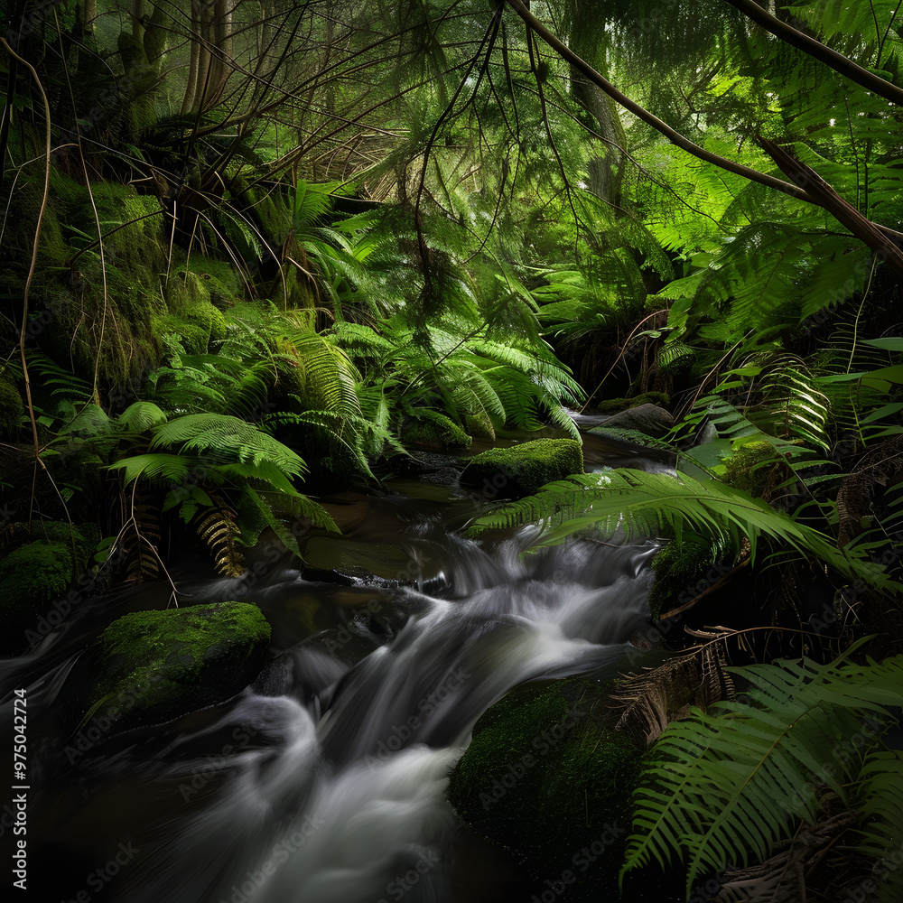 Forest Stream Flowing Through a Lush Green Forest, Lined with Ferns and ...