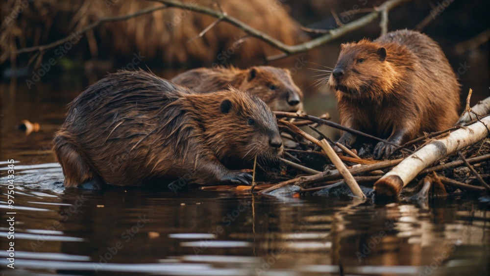 Beavers Building a Dam A family of beavers working together to ...