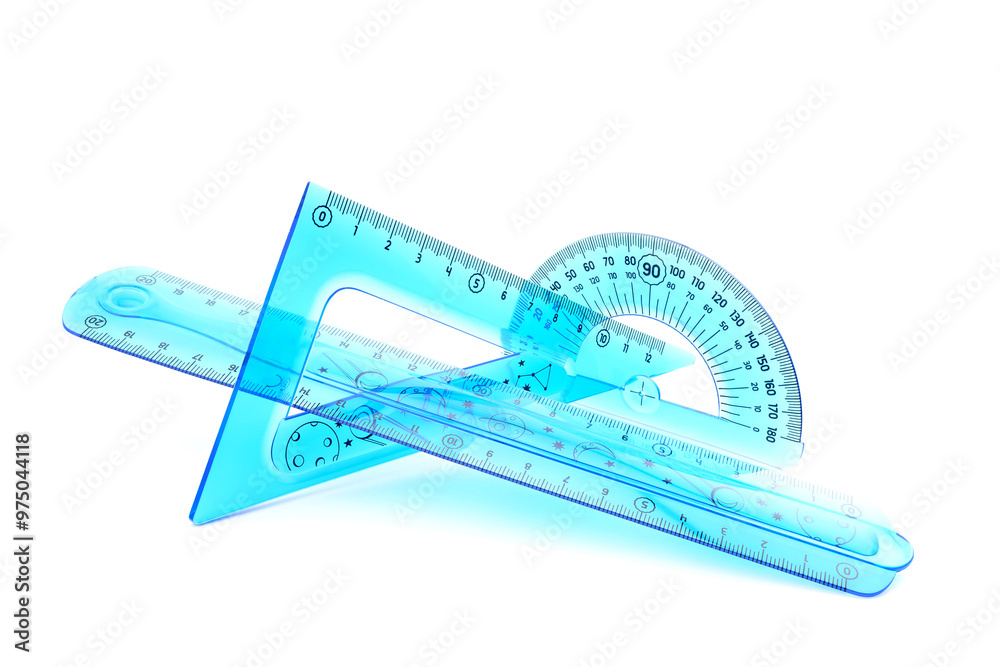 flexible, bendable, ruler and drawing protractor, blue triangle ...
